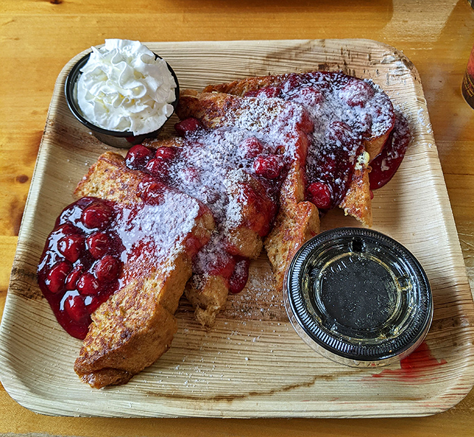 French toast that's had a cherry jubilee makeover, proving that breakfast can indeed be the most glamorous meal of the day.
