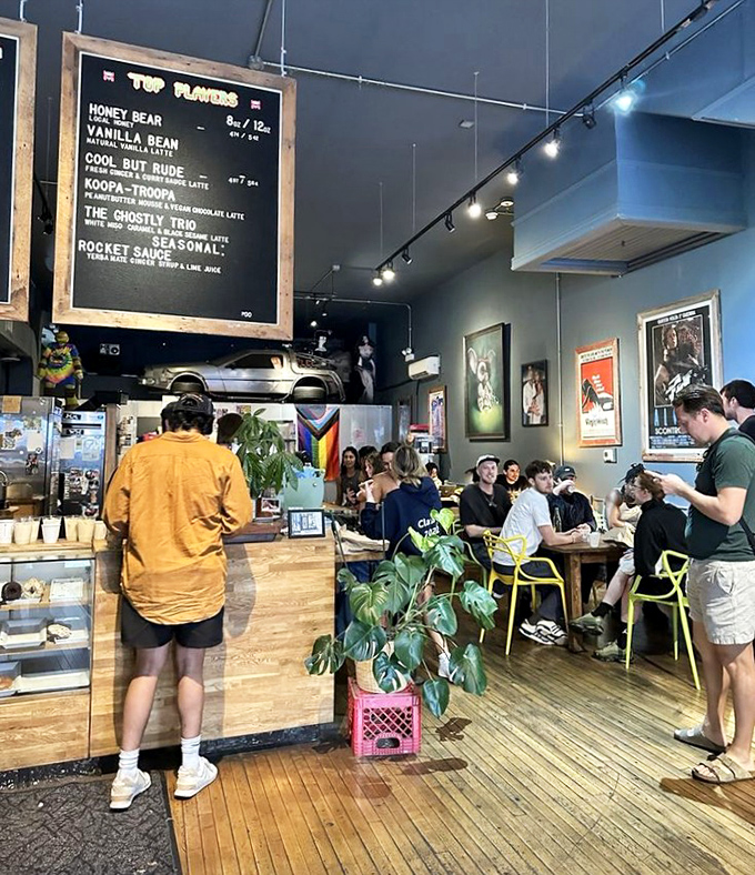 The bustling interior showcases the DeLorean in all its glory, while yellow chairs add pops of color that would make even Pac-Man jealous.