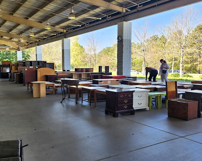 Tables, desks, and cabinets stand at attention like wooden soldiers, ready to march home with anyone needing functional furniture.