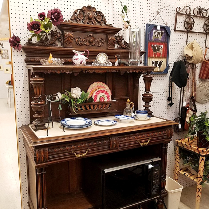 Grandma's dining room comes to life in this ornate hutch display. Just add Sunday pot roast and arguments about politics for the full experience.
