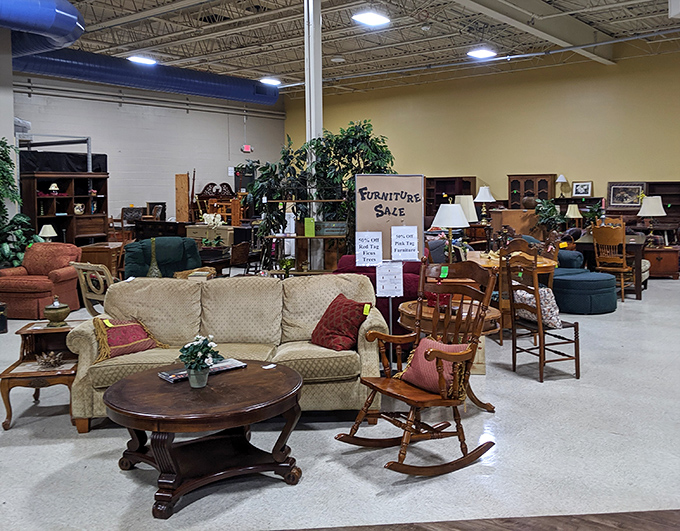 The furniture section&mdash;where solid wood pieces with "character" (that's thrift-speak for "minor scratches") await their second act in your living room.