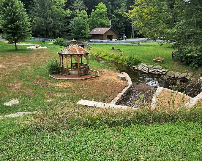 A storybook gazebo beside a babbling brook. The perfect spot to pretend you're the main character in your own nature documentary.