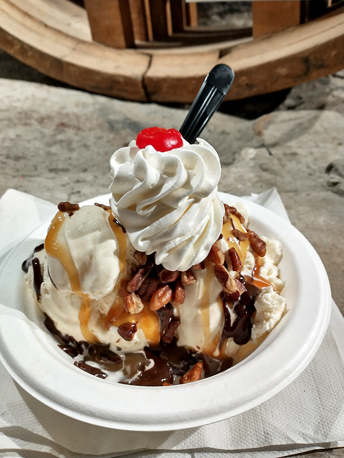 This sundae isn't just topped with hot fudge and pecans&mdash;it's crowned with them. Royalty among ice cream creations, no passport required. 