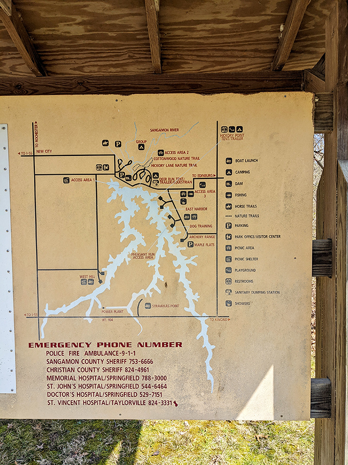 The Y-shaped lake revealed in all its cartographic glory. This weathered map has guided countless adventures&mdash;think of it as GPS from simpler times.