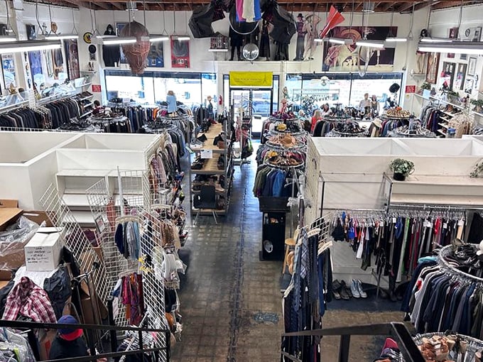 Not your average thrift shop layout. The exposed beams and industrial feel create the perfect backdrop for this treasure hunt.