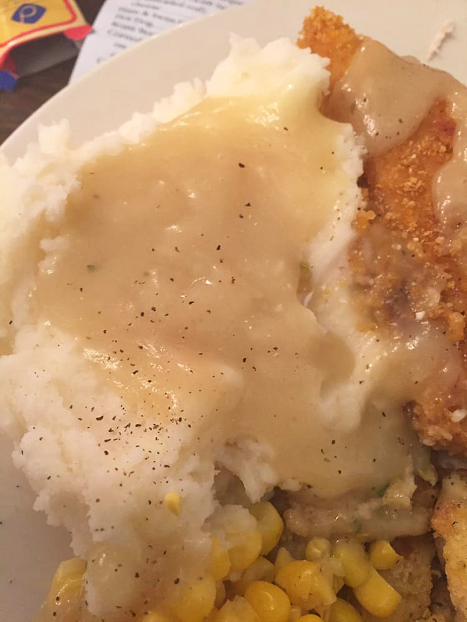 The star of the show: mashed potatoes so perfectly creamy they could make a grown adult weep. That gravy river flowing through potato mountain? Pure bliss.