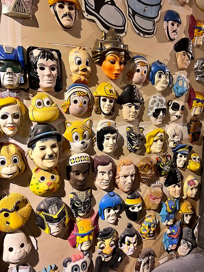 Wall of fame or wall of nightmares? This collection of character masks spans decades of pop culture, from superheroes to Saturday morning cartoons.