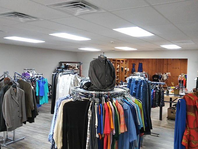 The men's department: organized chaos of potential style upgrades. That jacket might have once attended a presidential dinner&mdash;you never know.