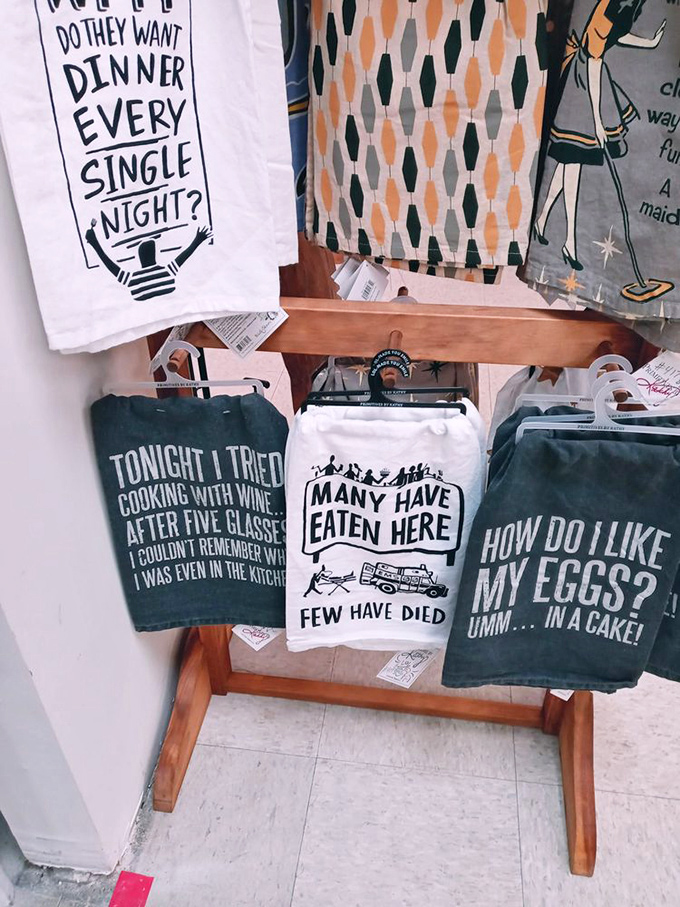 Kitchen towels that speak the truth about cooking adventures. The "Many Have Eaten Here" one should be mandatory in every home.