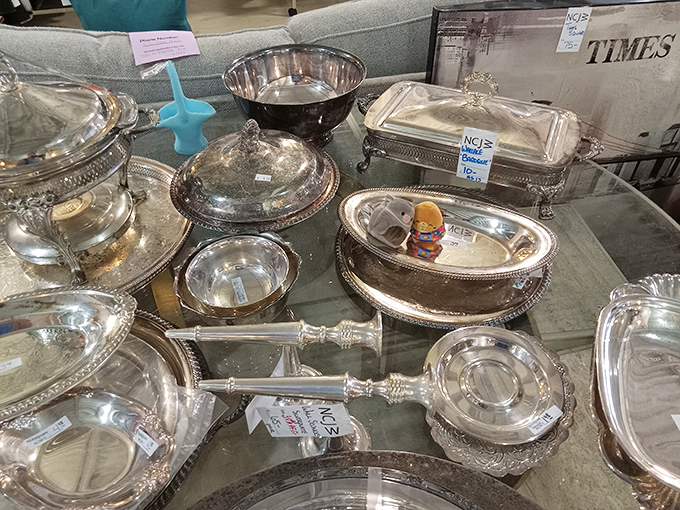 The accessories wall&mdash;where handbags from bygone eras hang like time capsules waiting to complement your thoroughly modern outfit.