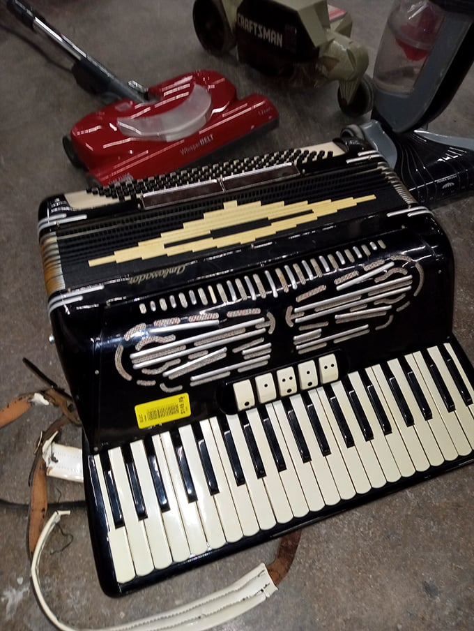 An accordion waiting for its second serenade &ndash; musical instruments here cost less than a few music lessons elsewhere.