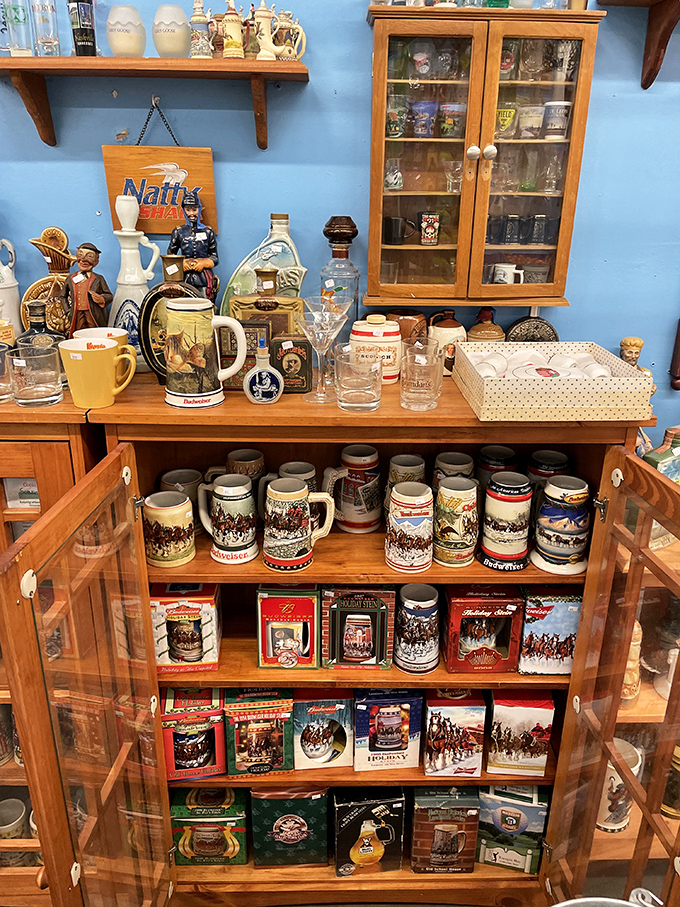 Vintage steins and collectible mugs tell stories of bygone eras, each shelf a museum where you can actually take the exhibits home.