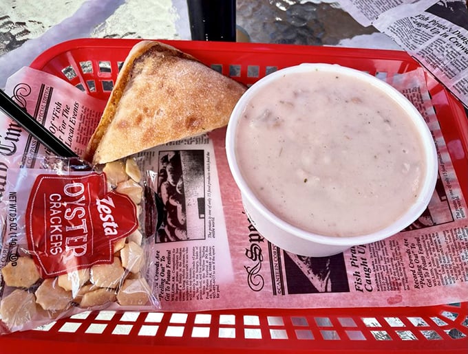 The legendary clam chowder arrives with oyster crackers standing by, ready to join the creamy, clammy party in your bowl.