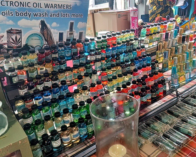 Essential oils and potions lined up like a medieval apothecary's dream come to life.