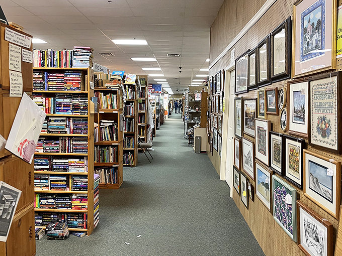 Books and artwork line this corridor of culture&mdash;a reminder that before Netflix, people decorated their walls with actual art.