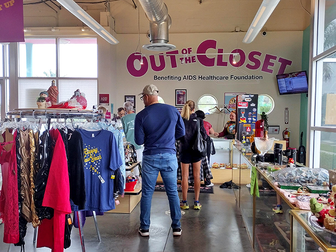 The store's mission is proudly displayed above the checkout counter. Shopping here isn't just retail therapy&mdash;it's supporting healthcare services with every purchase.