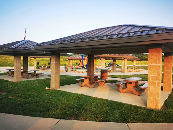 Rock Port's picnic pavilions offer shade, seating, and the perfect excuse to enjoy a meal outdoors where the only background noise is birdsong and distant tractors.