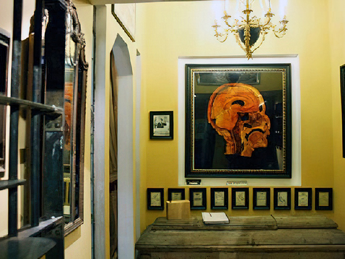 An elegantly displayed cross-section of a human head reminds us that beneath our exterior lies fascinating biological machinery. The chandelier adds an unexpected touch of class.