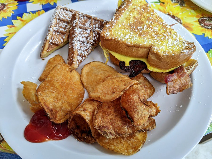 French toast that dresses up for the occasion, served with homemade chips. Breakfast should always feel this special.