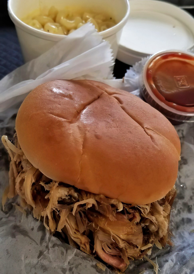 This pulled pork sandwich contains more happiness per square inch than most amusement parks. The bun is just trying to keep up.
