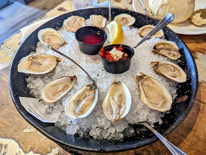 These oysters are arranged like Nature's perfect appetizer&mdash;briny gems on a bed of ice, awaiting a squeeze of lemon and a moment of appreciation.
