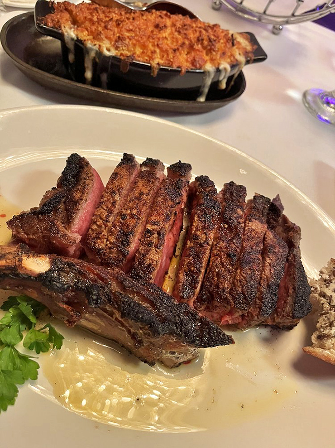 The ribeye arrives like a work of art &ndash; perfectly charred exterior, ruby-red interior. This is why cameras were invented.