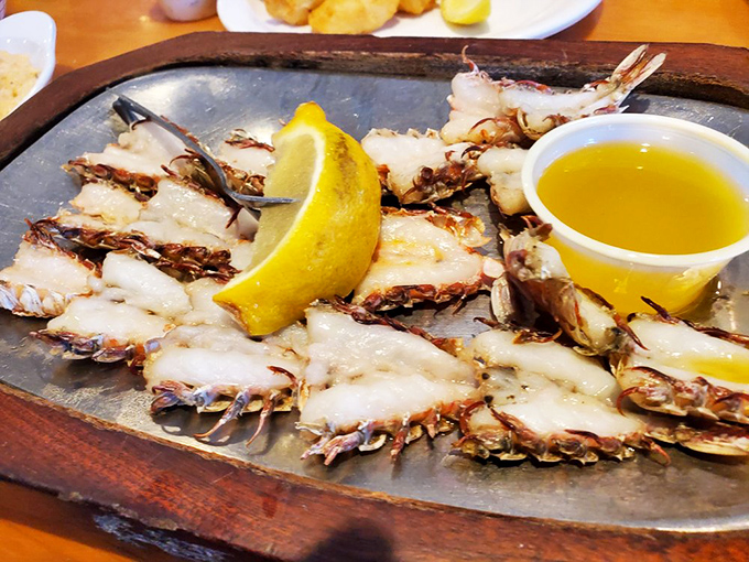 Rock shrimp lined up like pearls on a necklace. Their split shells reveal tender meat that's halfway between lobster and shrimp &ndash; the best of both worlds.