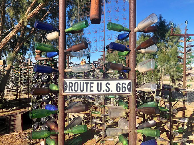 The Mother Road herself gets a place of honor, with Route 66 signage nestled among a rainbow of glass bottles.
