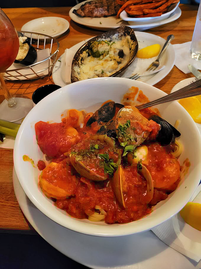 This seafood pasta, swimming in rich tomato sauce with plump shrimp and tender mussels, makes you wonder why anyone eats anything else.