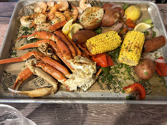 This seafood platter isn't a meal, it's a maritime celebration&mdash;snow crab legs, shrimp, corn, and potatoes all having a party on a tray.