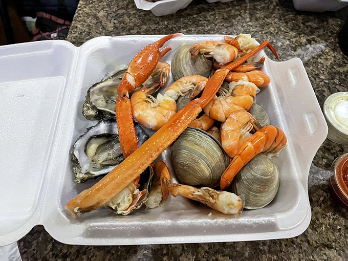 The seafood sampler &ndash; where crab legs, shrimp, and shellfish gather for what looks like the ocean's most delicious family reunion.