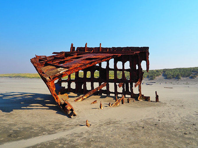 Sunset paints the rusted hull with golden light, transforming industrial decay into something strangely beautiful against Oregon's coastal dunes.