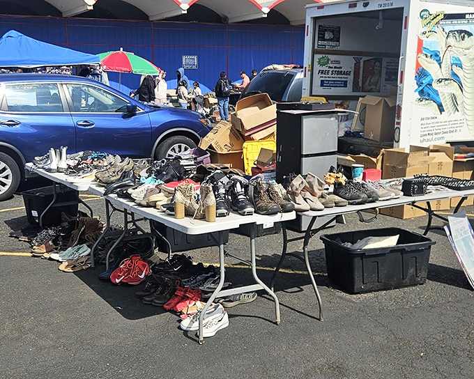 Footwear finds their perfect match at the flea. These boots and sneakers aren't just pre-loved—they're pre-adventured, with stories in every scuff.