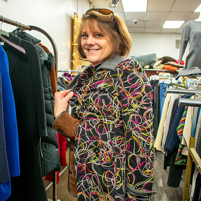 Fashion treasure hunting in action – that colorful patterned jacket might just be the conversation starter your wardrobe needs.