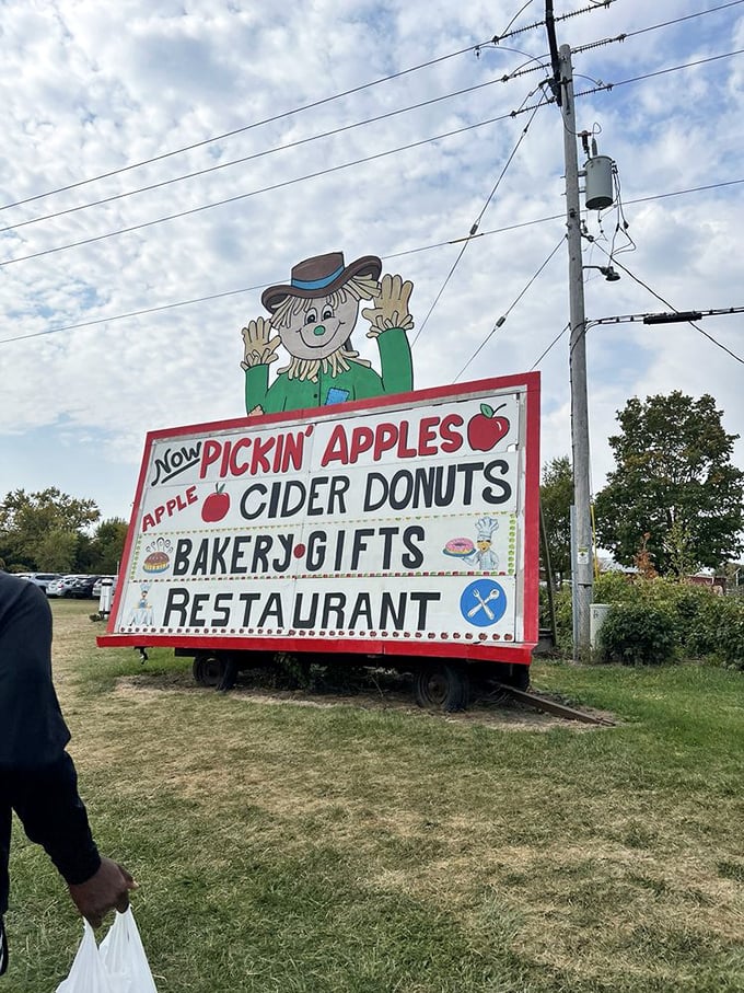 The roadside sign announces what your nose already knows—apple cider donuts and fresh-picked treasures await just beyond this cheerful scarecrow sentinel.