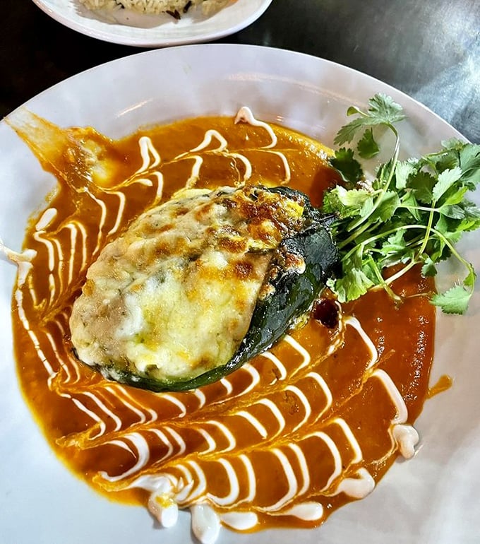 This chile relleno with artistic sauce swirls is Mexican cuisine as performance art&mdash;the Jackson Pollock of dinner plates.