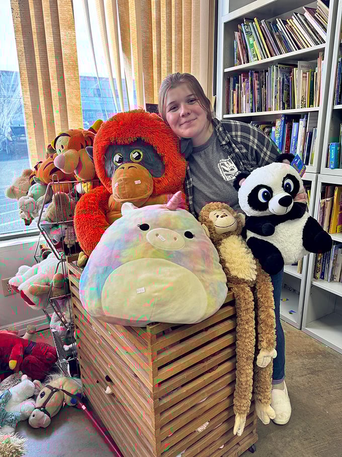 Stuffed animal adoption center where plush orangutans and tie-dye pigs find forever homes without the vet bills.
