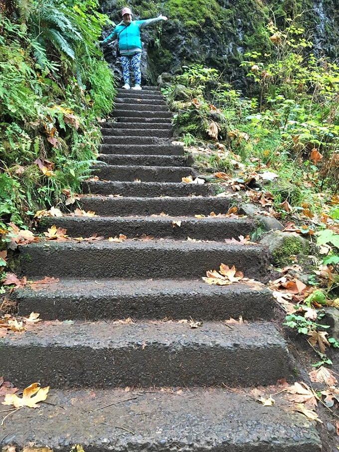 Stairway to heaven? Close. These moss-flanked steps lead to waterfall views that make even the most dedicated couch potatoes forget about their step-count.