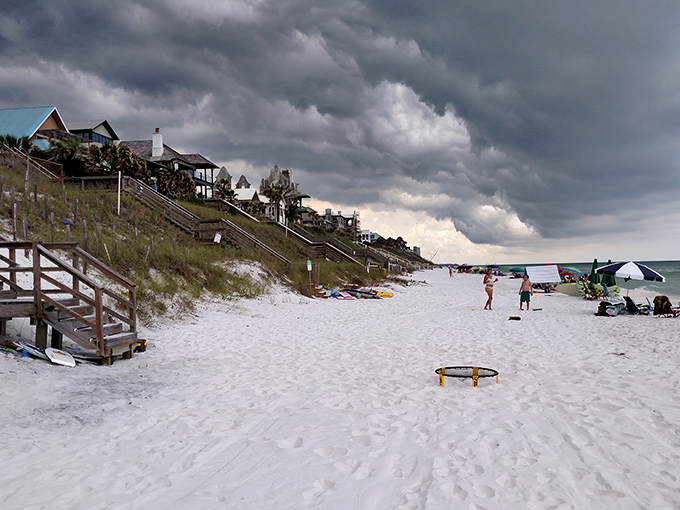 Storm clouds gathering but beach-goers unfazed&mdash;they know Florida's weather tantrums are brief and the reward is cooler temperatures afterward.