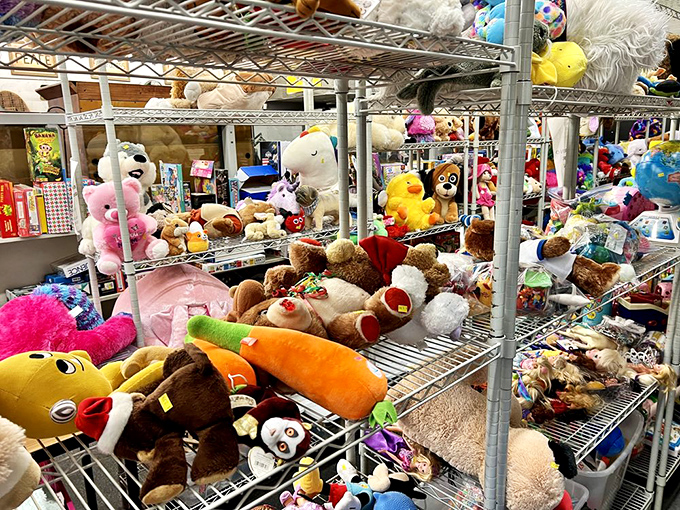 The stuffed animal kingdom in all its plush glory—a mountain of furry friends looking for their forever homes and second chances at bedtime cuddles.