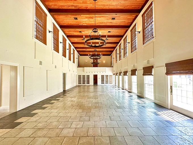 Inside, soaring ceilings and warm wood create a space that whispers "important things happen here" in the nicest way.