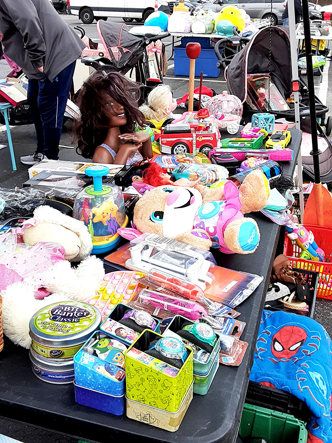 Childhood memories laid bare on folding tables. These toys have survived decades of play, ready to delight a new generation of imaginative minds.