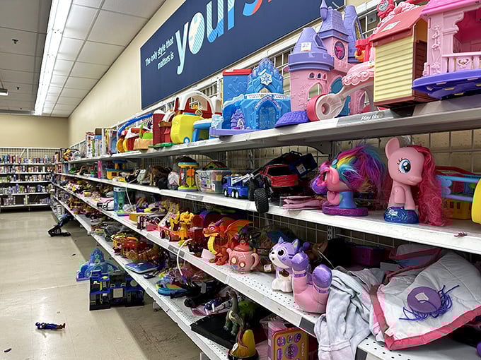 The toy aisle: where plastic castles and My Little Ponies await second chances, their previous adventures written in minor scuffs and missing accessories.