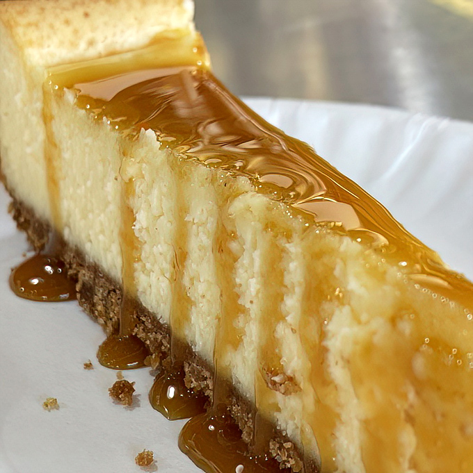 Bourbon caramel cheesecake that's dressed for success. That caramel drizzle is performing a slow dance that would make Fred Astaire envious.