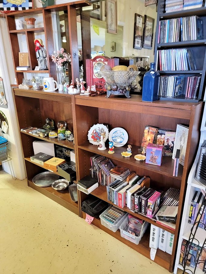 Books, media, and memories line these wooden shelves. That vinyl collection might just contain the soundtrack to your teenage years or your next dinner party. 