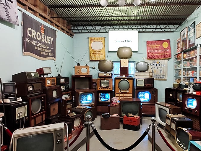 The TV room that proves television used to be furniture first, entertainment second. Crosley, Admiral, and Zenith&mdash;the trifecta of mid-century viewing.