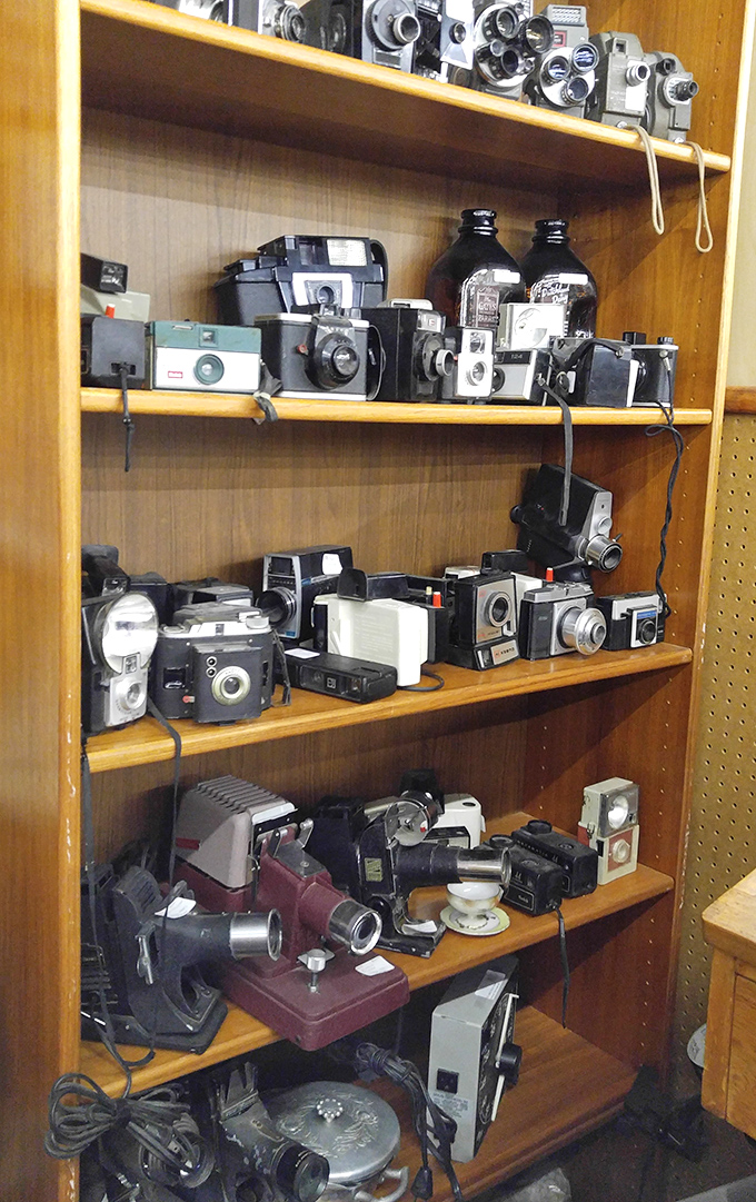 A photographer's dream &ndash; shelves of vintage cameras that captured birthdays, vacations, and weddings long before smartphones made everyone a documentarian.