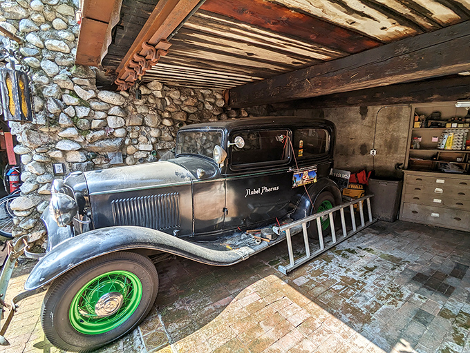 Detroit meets Camelot in this garage where a classic car rests among stone walls&mdash;automotive royalty in its medieval garage.