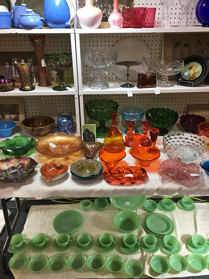 A rainbow of Depression glass and vintage glassware that transforms ordinary shelves into museums of everyday American resilience.