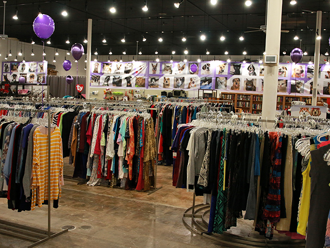 The clothing section: where purple balloons celebrate the joy of finding that perfect blouse someone else mistakenly decided they didn't need.